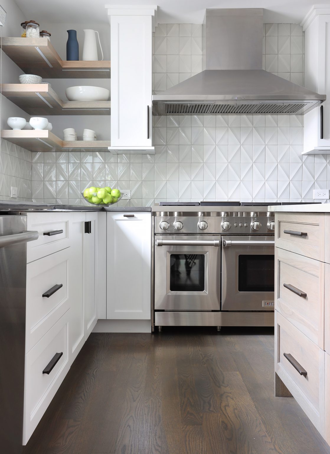 White Kitchen with Two Level Hickory Driftwood Island : Normandy Remodeling