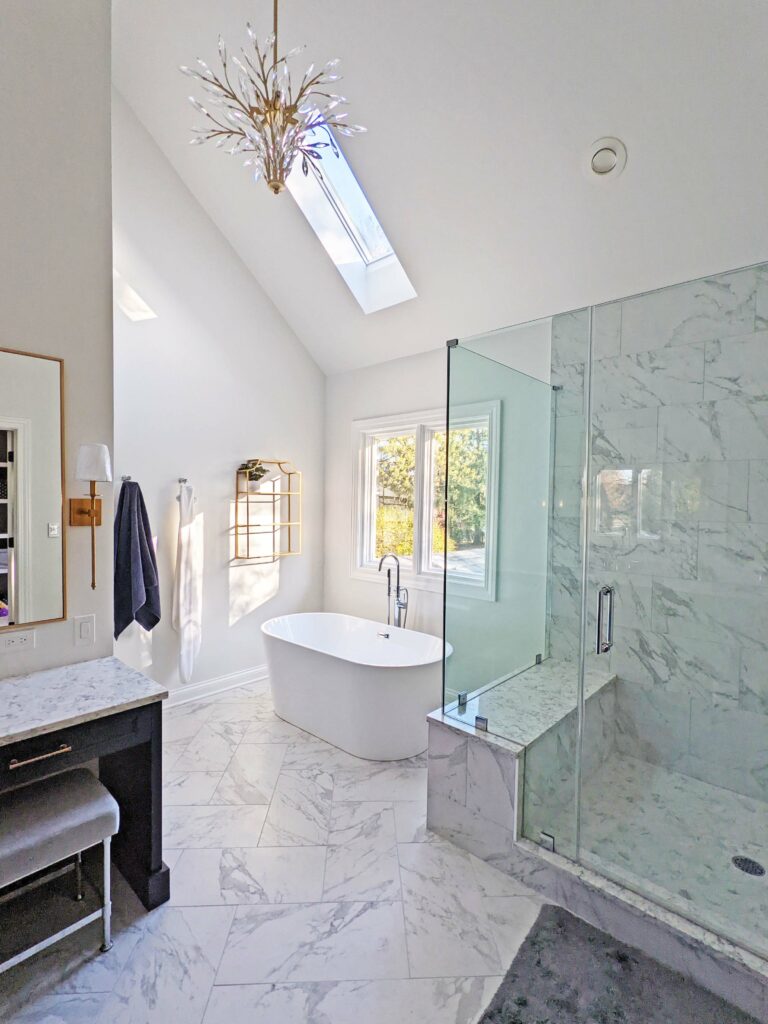 Primary Bathroom Merges Classic Style with Modern Chic